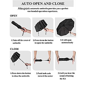 Ateupom Rain Umbrella, 12 Ribs 39 inch Auto Open/Close Windproof Umbrella, Waterproof Travel Umbrella, Portable Umbrellas Folding Backpack Umbrella with Ergonomic Handle