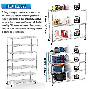 7 Tier NSF Wire Shelf Shelving Unit, 18 x 48 x 82 inch 2450lbs Capacity Heavy Duty Adjustable Storage Metal Rack with Wheels/Leveling Feet & Shelf Liners, Ideal for Garage, Kitchen, and More - Chrome