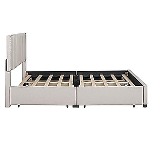 Prohon Upholstered Platform Bed with Classic Headboard and 4 Drawers, Space-Saving Bed Frame Queen Size, Strong Slat Wooden Support with Comfortable Linen Fabric, No Box Spring Needed, Beige