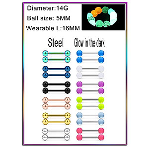 Prjndjw 14G Surgical Steel Tongue Rings Glow in the Dark Tongue Nipple Rings Steel Ball Body Piercing Jewelry for Women Men 24Pcs 16MM