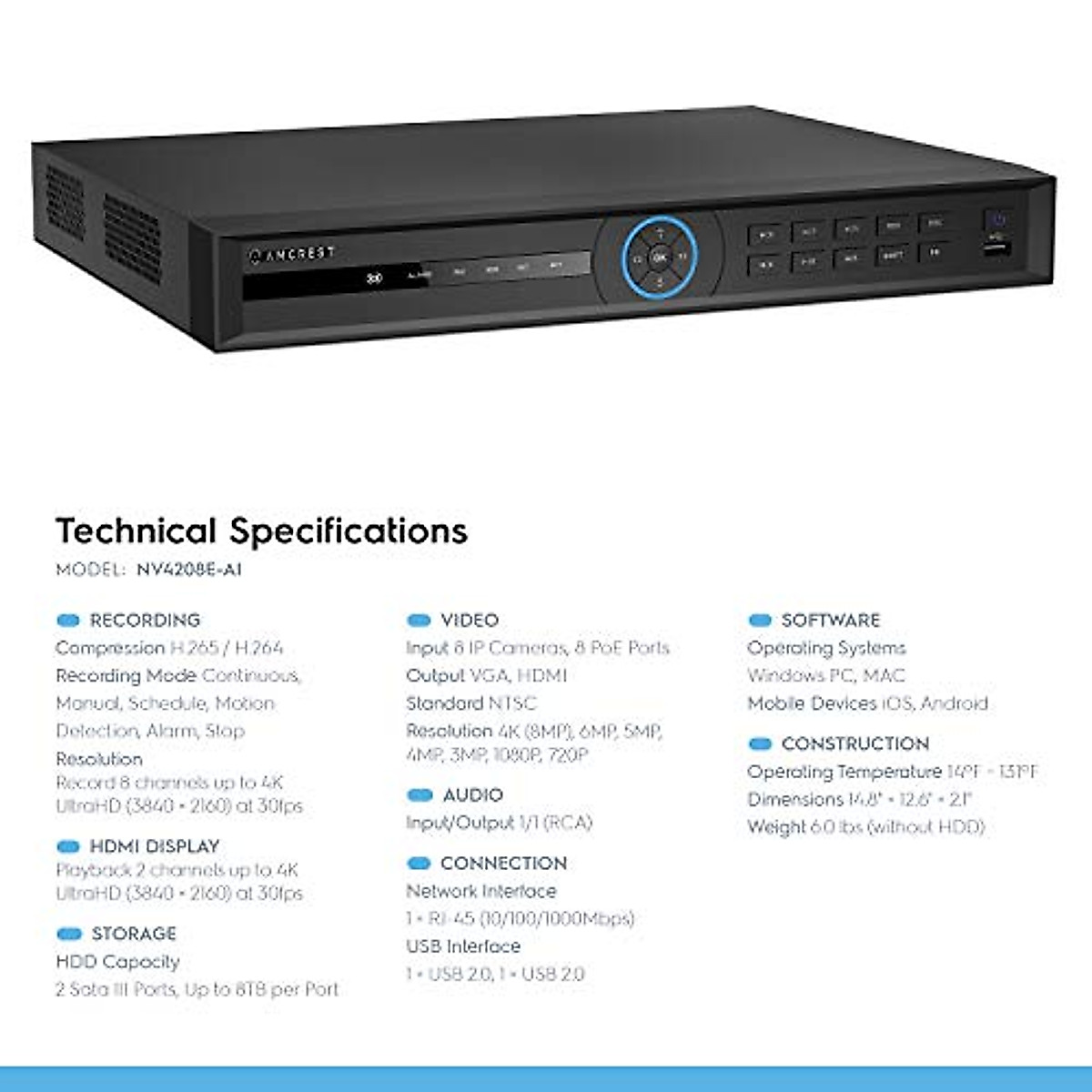 Amcrest 4K NV4208E-AI 8-Channel AI NVR (8-Port PoE) Smart NVR, Facial Recognition, Facial Detection & Vehicle Detection - Supports 8 x 4K IP Cameras, Supports up to 2 x 8TB Hard Drives (Not Included)