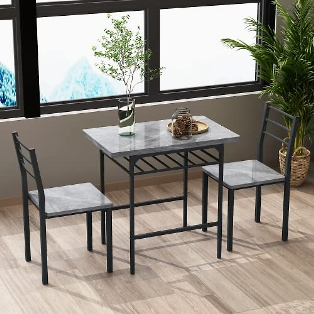 AnwickNomo Dining Table Set for 2, 3-Piece Bistro Table and Chairs Set, Breakfast Nook Table Set, Small Kitchen Table Set for 2, Dinette Set with Black Frame & Printed Gray Marble Finish (Gray)