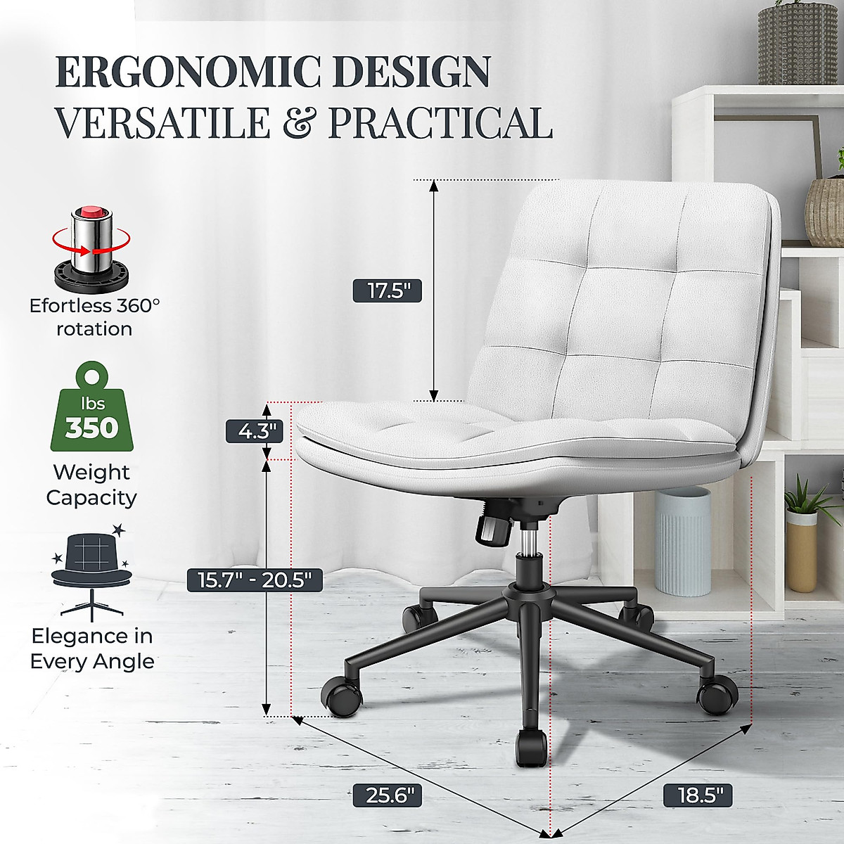 Criss Cross Desk Chair for Cross Legged Sitting, Easy to Assemble White Criss Cross Chair with Wheels - Premium Detachable Wheel and Swivel Design, Cozy Ergonomic Office Chair with Wide Comfy Seating