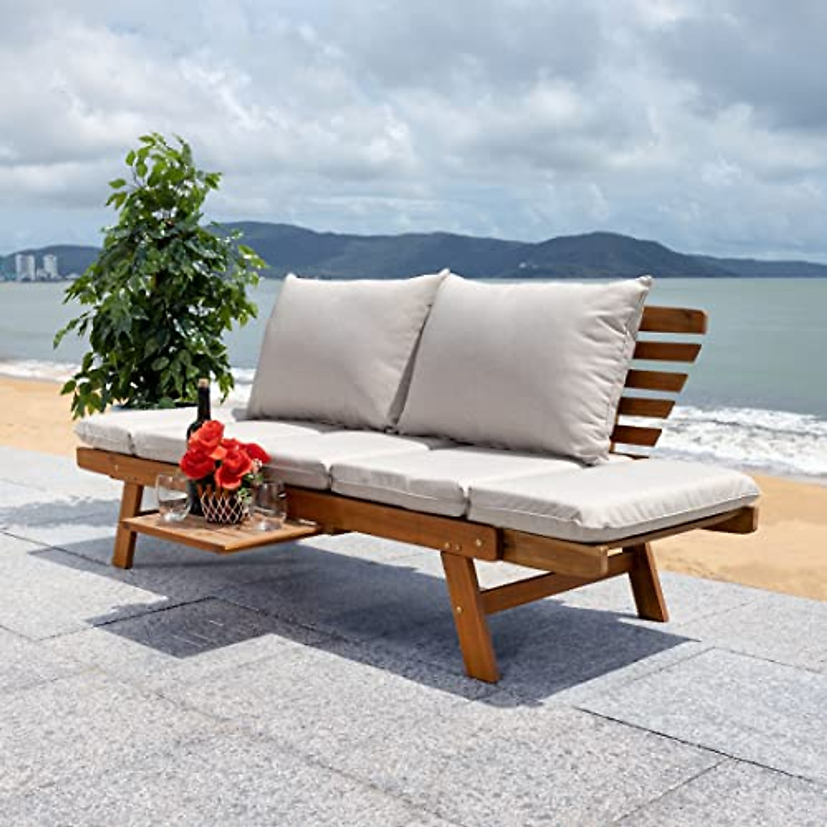 Safavieh PAT7300E Collection Emely Acacia Wood Expandable Loveseat Outdoor Daybed, Natural/Light Grey
