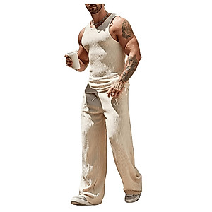 GORGLITTER Men's 2 Piece Rib Knit Outfits Casual Sleeveless Tank Top Elastic Waist Pants Set Apricot Medium