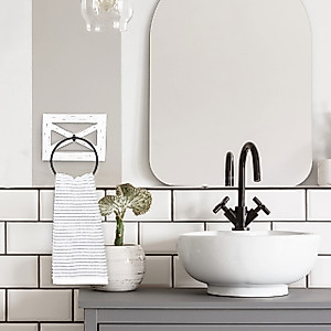 Ilyapa Rustic Hand Towel Ring for Bathroom- Wall Mounted Bathroom Hand Towel Holder - White Wood & Black Metal Ring, Farmhouse Decor