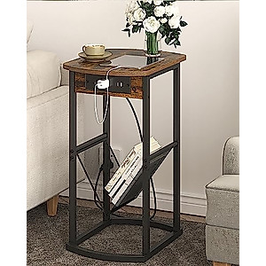Hzuaneri Side Table with Charging Station, End Table with V-Mesh Magazine Holder, Industrial Record Player Stand with CD Album Storage Shelf, Rustic Brown and Black ET05401B