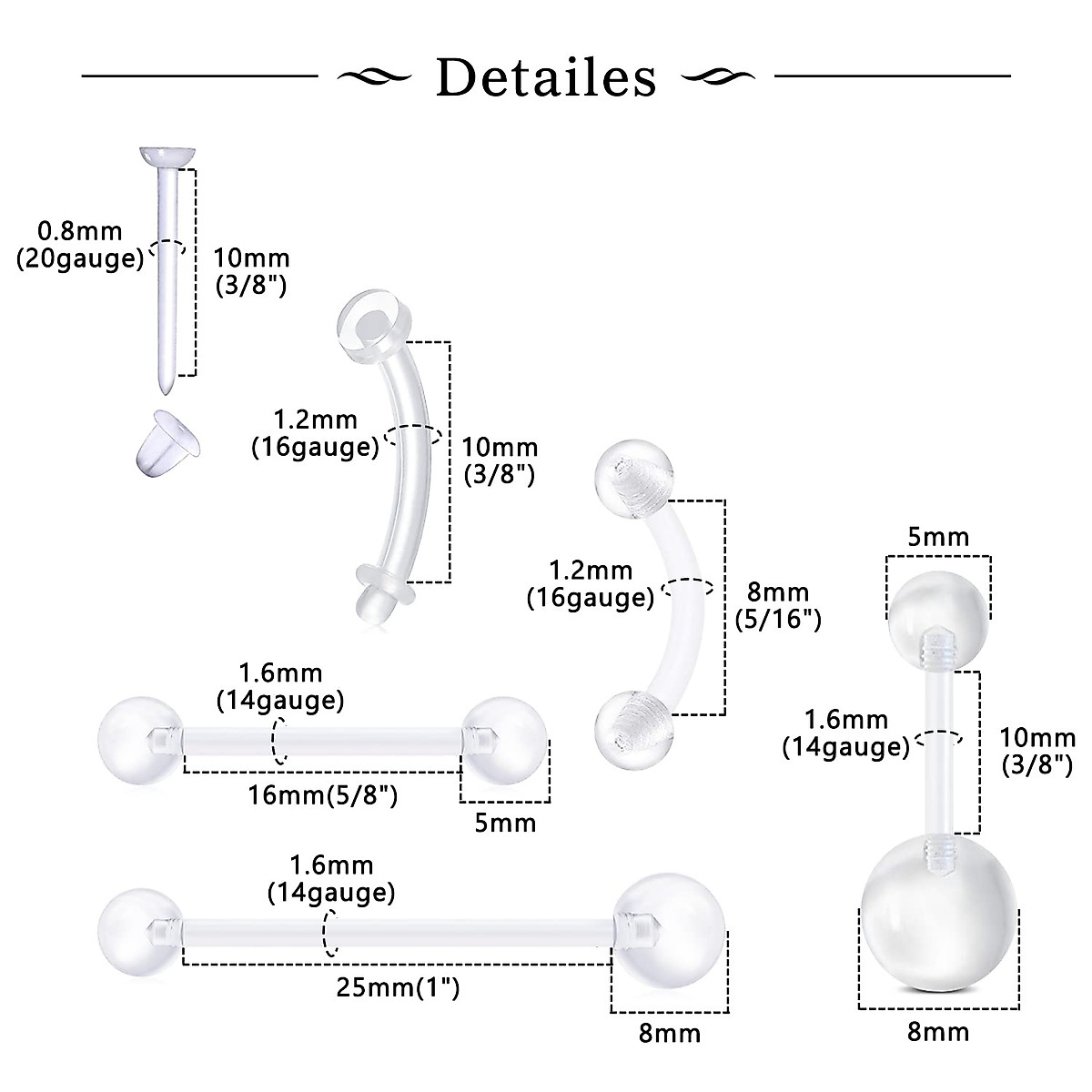 MODRSA Clear Nose Studs Clear Nose Rings for Work Clear Earrings for Sports Clear Piercing Jewelry Plastic Nose Rings for Surgery Septum Retainer Plastic Belly Button Rings Plastic Tongue Rings