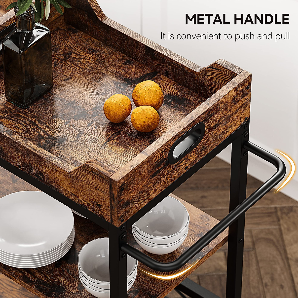 IDEALHOUSE 3 Tier Bar Carts for The Home, Rustic Brown Bar Cart with Wheels, Two Portable Trays, Wine Rack, Glasses Holder, Industrial Serving Cart for Kichen, Living Room, Dining Room