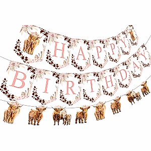 Highland Cow Birthday Decorations Girl - Highland Cow Happy Birthday Banner, Garland, Boho Retro Floral Highland Cattle Holy Cow Farm Animal Birthday Party Decorations