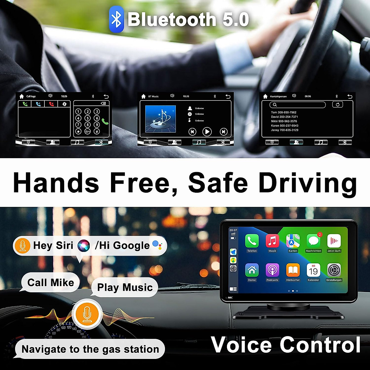 Portable Car Stereo for Apple Carplay, Android Auto, Air Play, Mirror Link, Wireless Car Play Screen with Bluetooth Handsfree, 7 Inch IPS Touchscreen, GPS Car Navigation, Siri/Google, FM/AUX/USB/TF