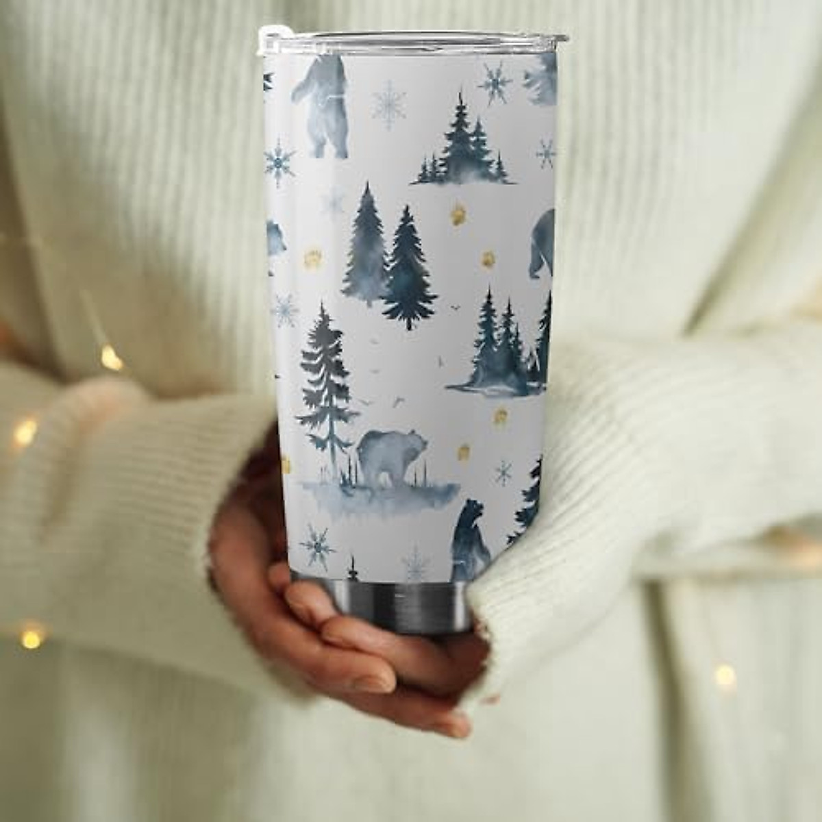 WmhrYpzhL Bear Travel Mug Winter Forest Coffee Cup Stainless Steel Insulation Tumbler with Lid For Home Office School Outdoor Gifts Bear