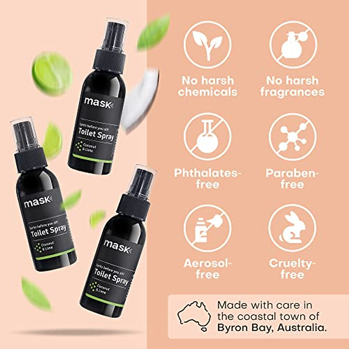 Mask - Toilet Odor Eliminator Spray, Non-Aerosol Odor Neutralizer Spray, Spritz-Before-You-Sit Travel Odor Eliminator, Traps Odors Before You Go, 2 oz, Coconut & Lime Scent, Pack of 3