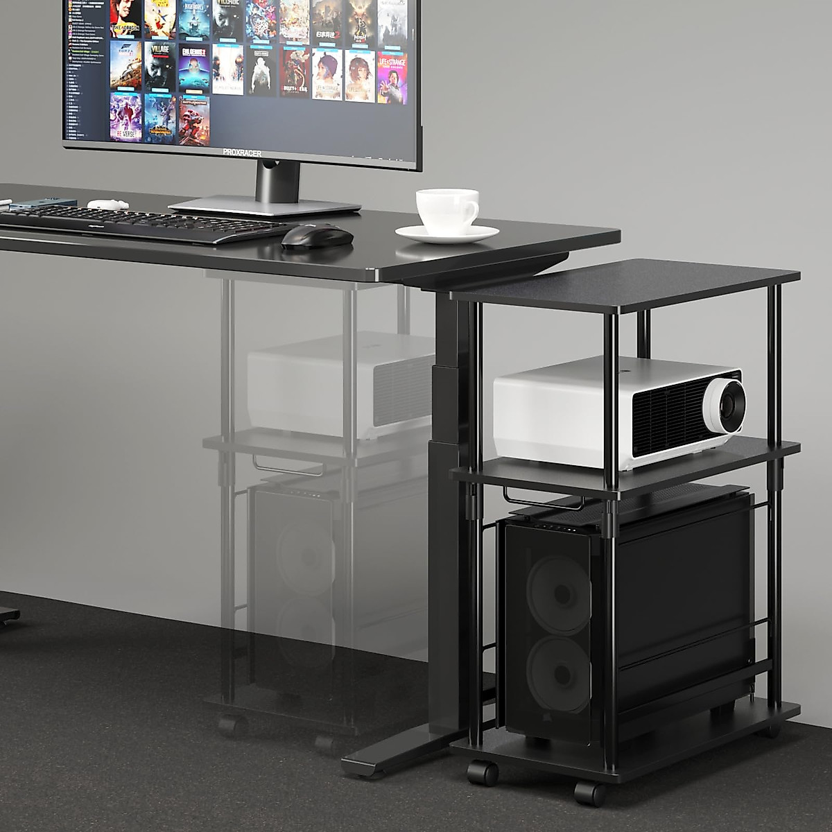 PROXRACER Height Adjustable Computer Tower Stand, 3-Tier CPU Holder Cart Printer Stand Mobile PC Laptop Standing Table Home Office Gaming Accessories with Rolling Wheels