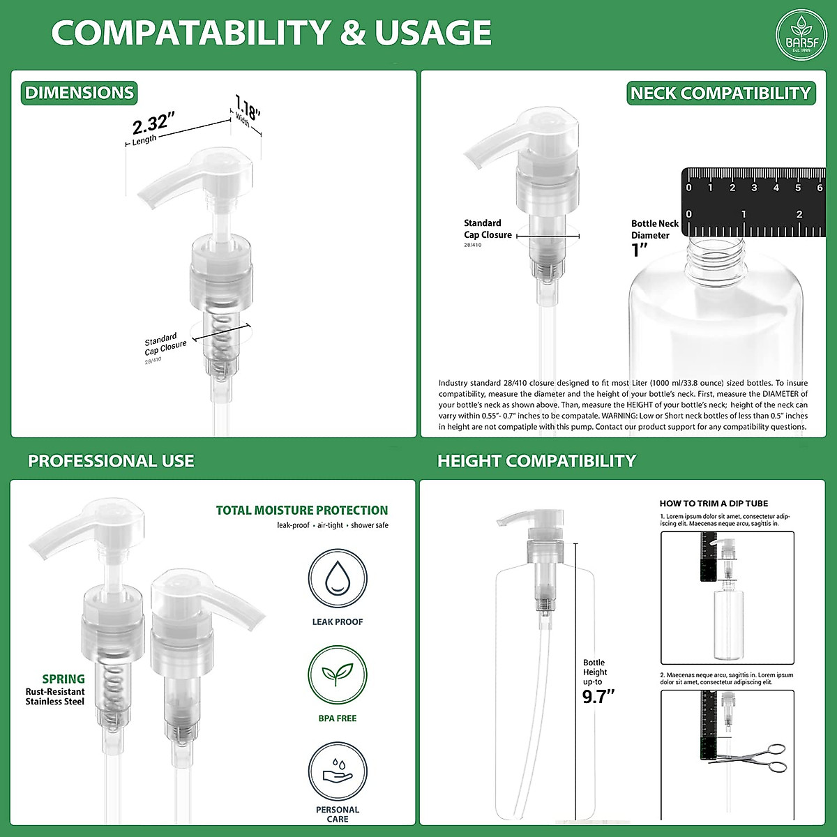 Bar5F Universal Shampoo/Conditioner Dispenser Pump for 1 Liter (33.8 Oz) Bottles - Natural Clear, Pack of 2