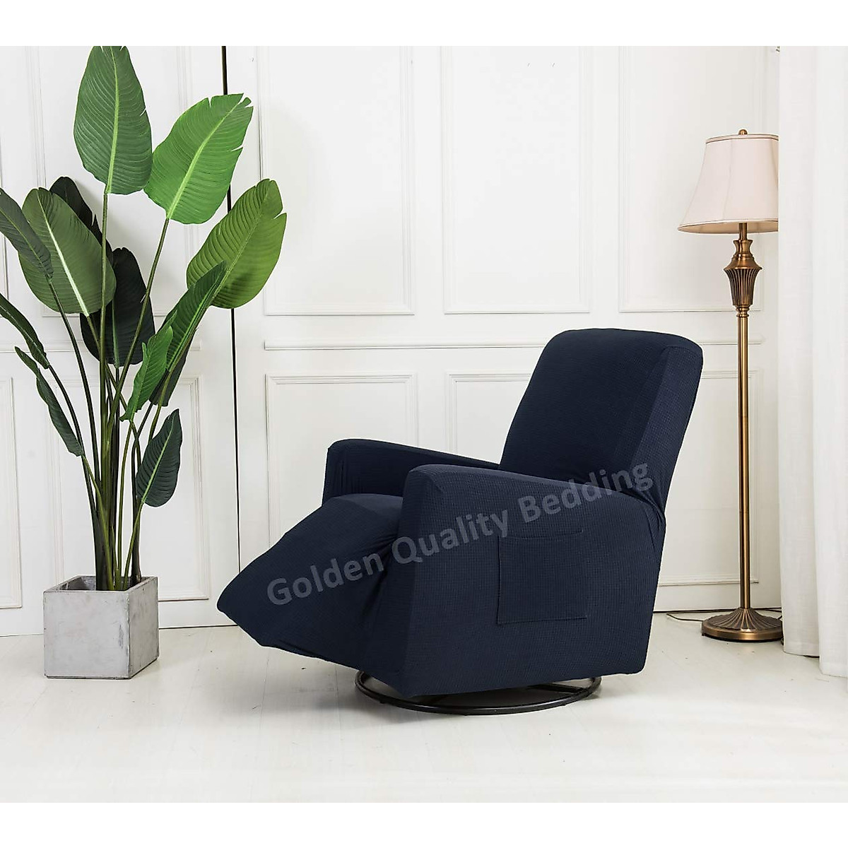 Golden Quality Bedding Stretch Recliner Slipcover One Piece Furniture Protector with Elastic Straps and Pocket Polyester Spandex Super Soft Non-Brushed Fabric Fits Most Recliner Sizes (Navy Blue)