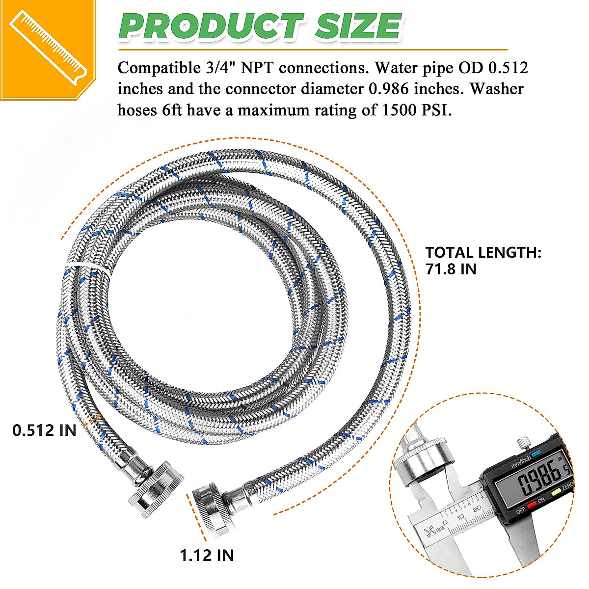 Techecook 6Ft Washing Machine Hoses Stainless Steel Burst Proof Washer Supply Lines- 2Pcs Hot and Cold Washer Hoses- 6Ft Washer Hoses Universal for All Washing Machine Supply Lines- 10 Years Warranty