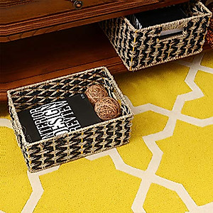 Villacera Rectangle Hand Weaved Wicker Baskets made of Water Hyacinth | Nesting Black and Natural Seagrass Bins | Set of 2