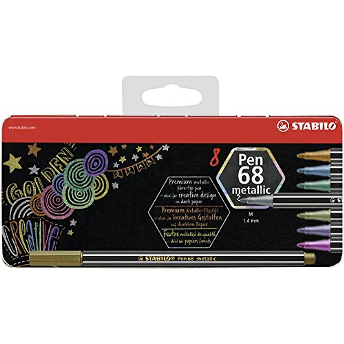 STABILO Premium Metallic Fiber-Tip Pen Pen 68 metallic - Tin of 8 - Assorted Colors with Hanging Loop