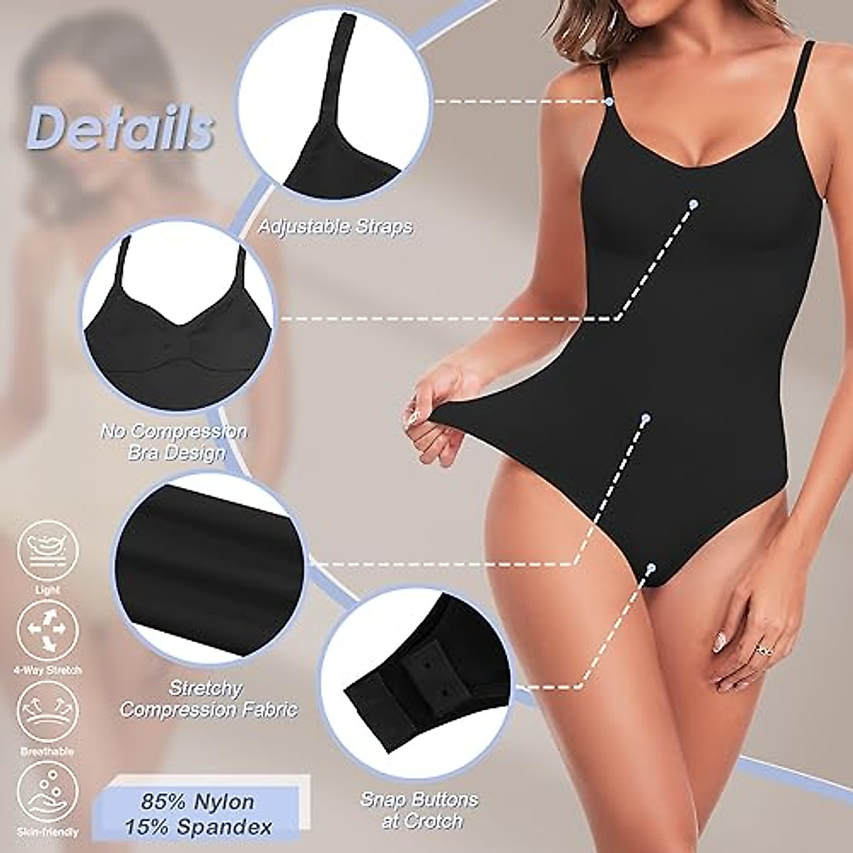 Niipty Bodysuit Shapewear for Women Tummy Control Cami Seamless Sculpting Body Shaper Spaghetti Strap Body Suits - Black XS/S