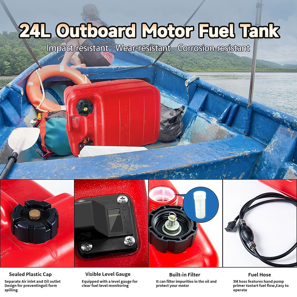 PumuHo Portable Outboard Boat Fuel Tank 6 Gallon/24L for Yamaha Mercury Marine Boat Engine Include 3/8" Gas Hose Pump