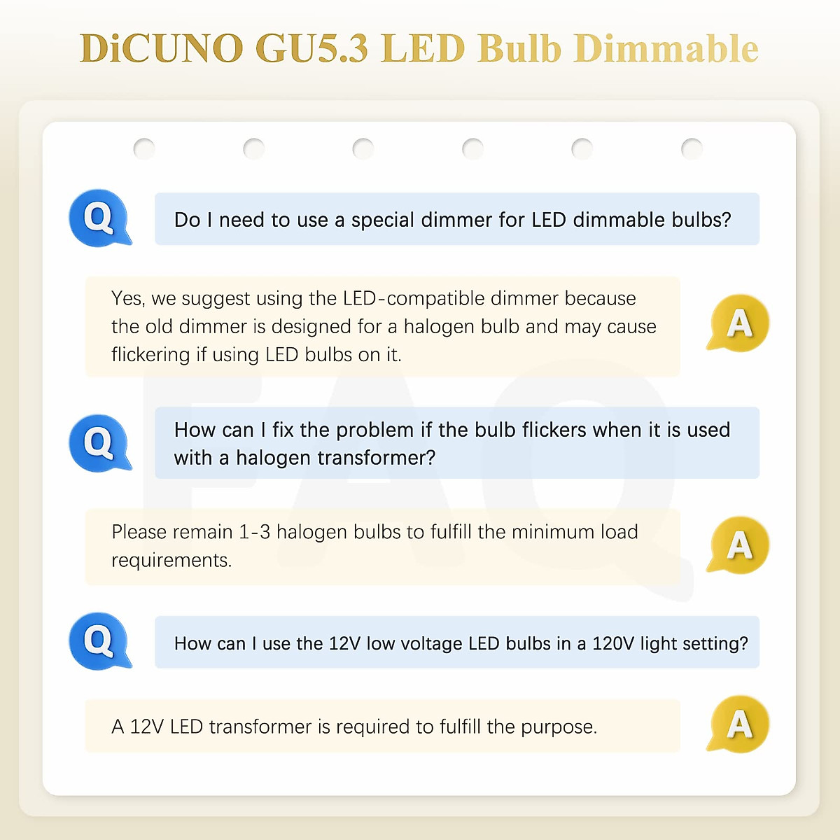 DiCUNO MR16 LED Bulbs Dimmable 50W Halogen Replacement 2700K Warm White, GU5.3 Bi-Pin Base Glass Cover 120 Degree Beam Angle 12V 5W 500 Lumens, Landscape Spotlight Track Recessed Lighting, 10 Packs