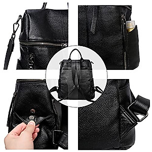Iswee Genuine Leather Vintage Casual Daypack Backpacks Travel Essentials Anti-theft Work Fashion Backpack Purse for Women (Black)