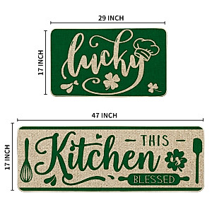 Artoid Mode This Kitchen is Blessed Luck Clover Shamrock Decorative Kitchen Mats Set of 2, Home Party Home Kitchen Rugs - 17x29 and 17x47 Inch
