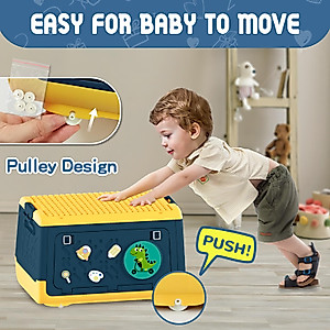 JIPORIER Toy Box Chest with Lid, Dinosaur Collapsible Storage Organizer for Kids Boys Girls, Plastic Stackable Toddler Toy Bins with Building Block Lid (Blue)