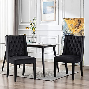 ZSARTS Upholstered Parsons Dining Chairs Set of 2, Modern Black Velvet Wingback Dining Room Chairs Tufted Kitchen Chairs with Solid Wood Legs for Kitchen Living Room (Black)