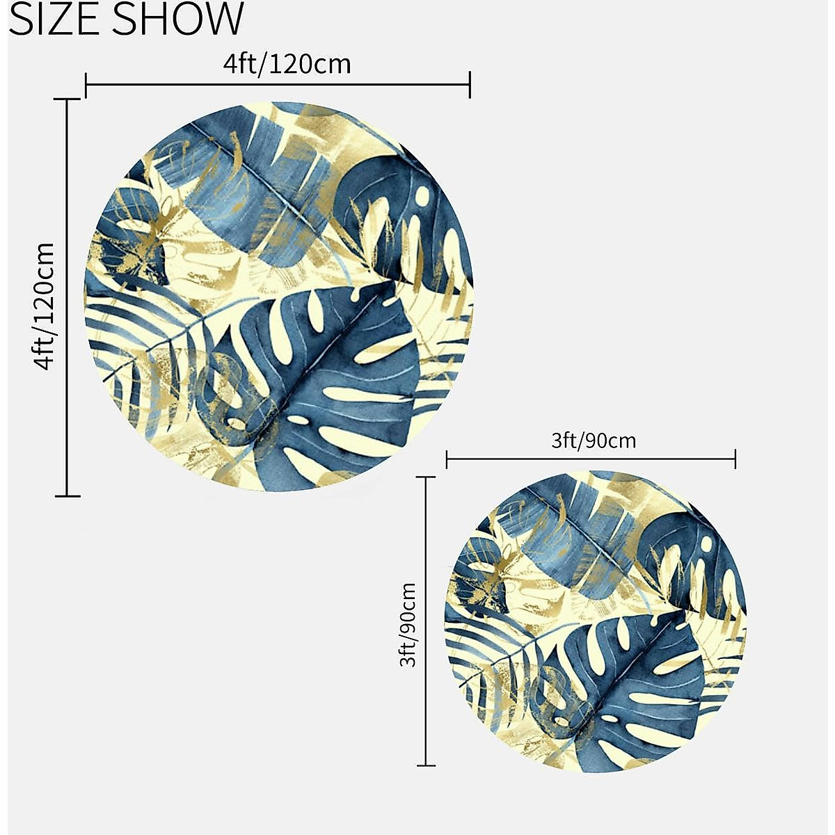 Round Rug 4ft for Kitchen Living Room Bedroom Dining Room Table Outdoor Entryway Washable Large Carpet Circular Circle Area Rug Watercolor navy blue and golden tropical leaves a light monstera palm