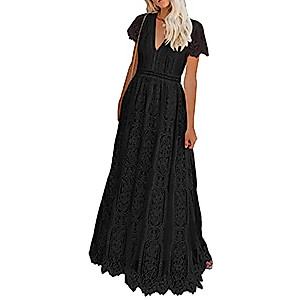 PRETTYGARDEN Women's Floral Lace Maxi Dress 2023 Short Sleeve V Neck Bridesmaid Wedding Evening Party Dresses(Black,X-Large)