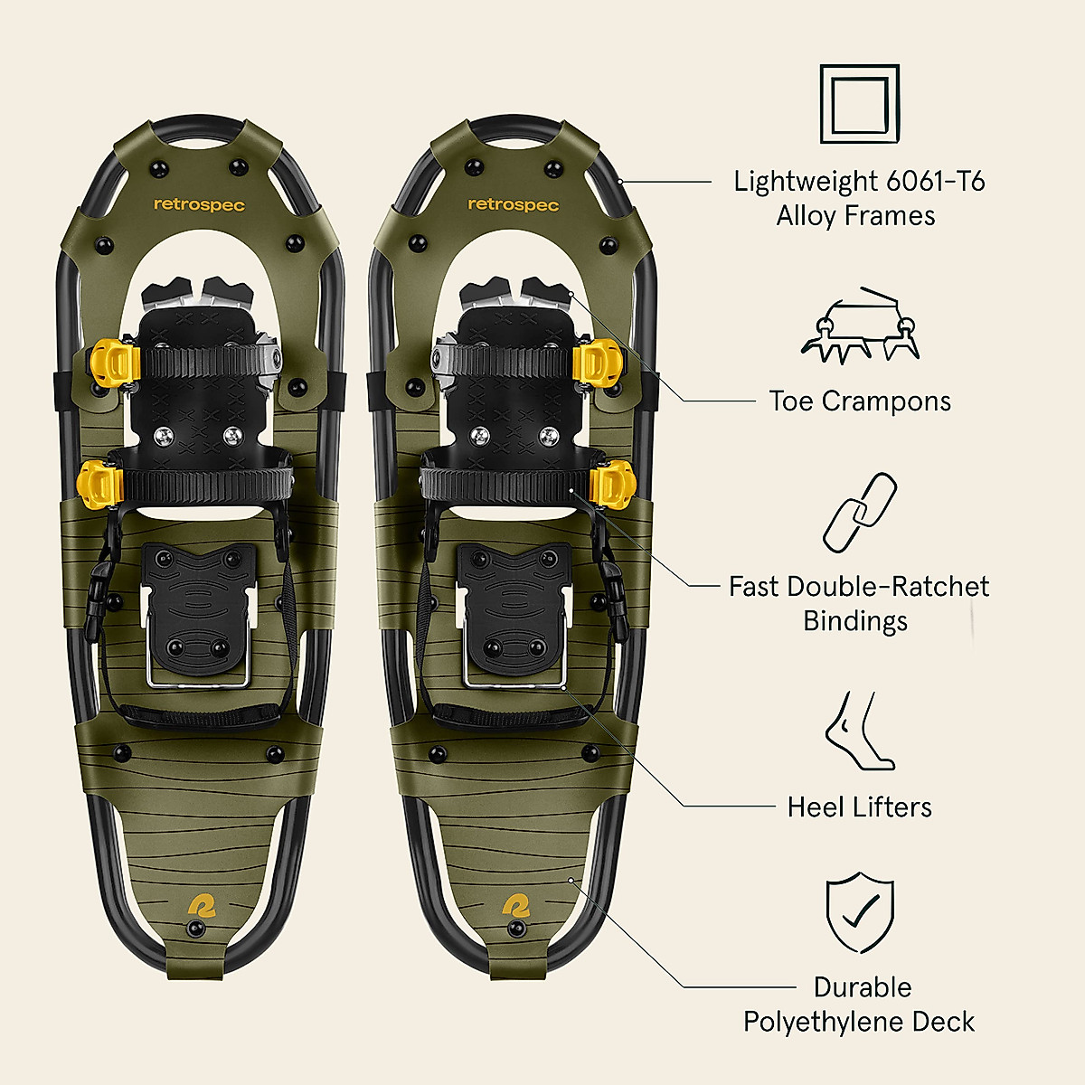 Retrospec Drifter Snowshoe for Men & Women - Aluminum Frames & a Double-Rachet Binding System - Lightweight All Terrain Snow Shoes with Heel Lifters & Pivot System - 21" Olive