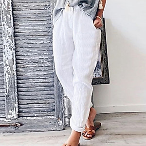 MEKOUIYE Clearance Women's Linen Boho Harem Pants Summer Wide Leg Loose Capris Pants Beach Yoga Trousers Pockets Pluse Size A-White