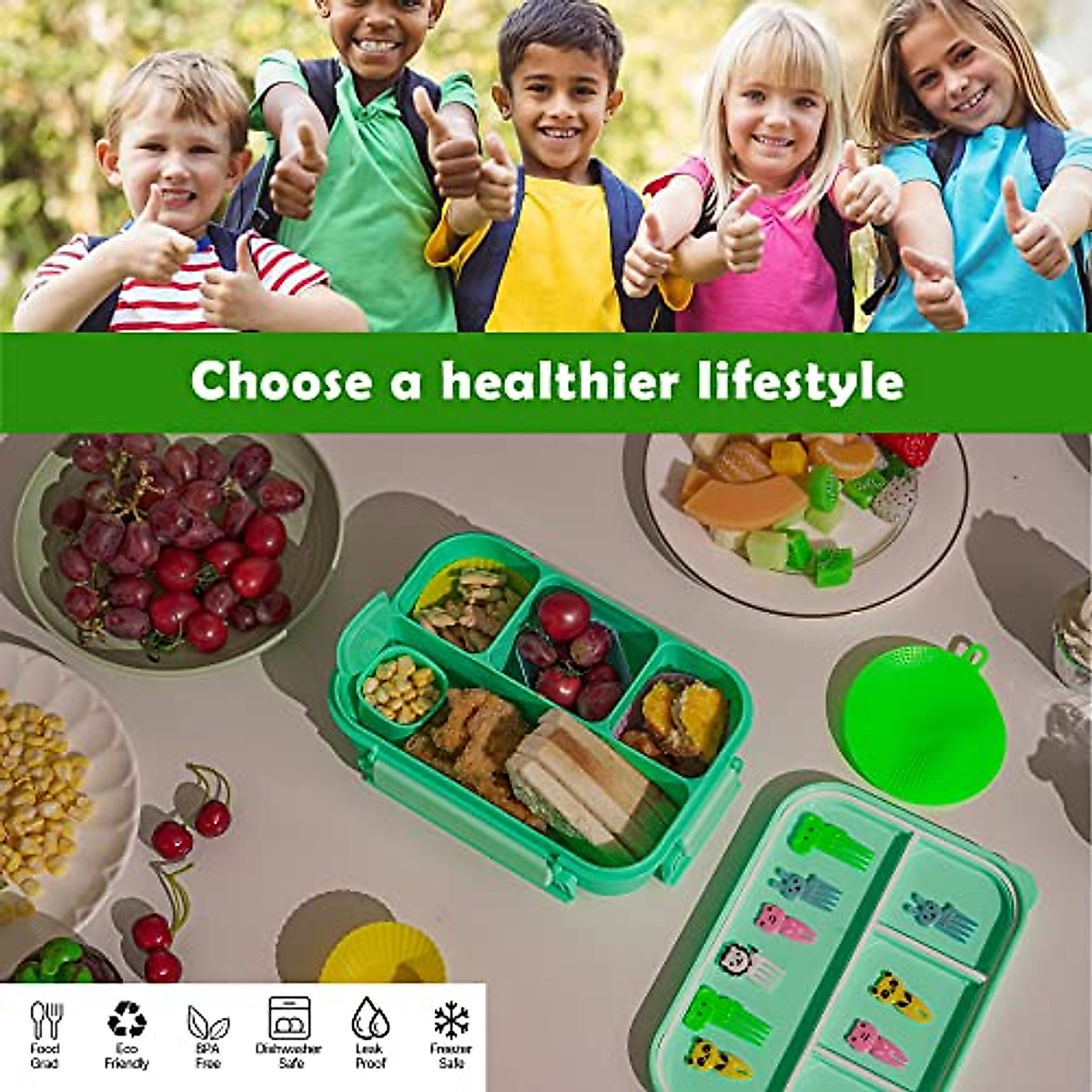 ZPIMY Bento Box Adult Lunch Box, Lunch Box Kids, Bento Box Kids, 1300ML Lunch Box Adult with 4 Compartment, Lunch Box Containers for Adults/Kids/Toddler, Microwave/Dishwasher/Freezer Safe (Green)