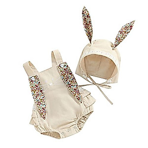 COORALLY Baby Girls Easter Outfit Sleeveless Romper/Dress Bunny Ear Sister Mathing Clothes with Tail (A-Light Khaki, 12-18 Months)