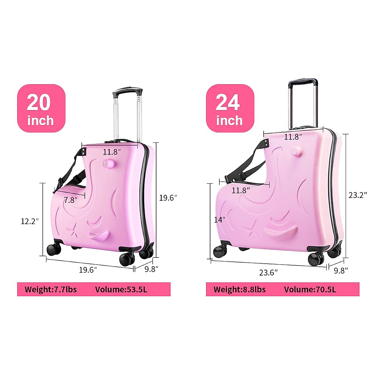 N-A AO WEI LA OW Kids ride-on Suitcase carry-on Tollder Luggage with Wheels Suitcase to Kids aged 1-6 years old (Pink, 20 Inch)