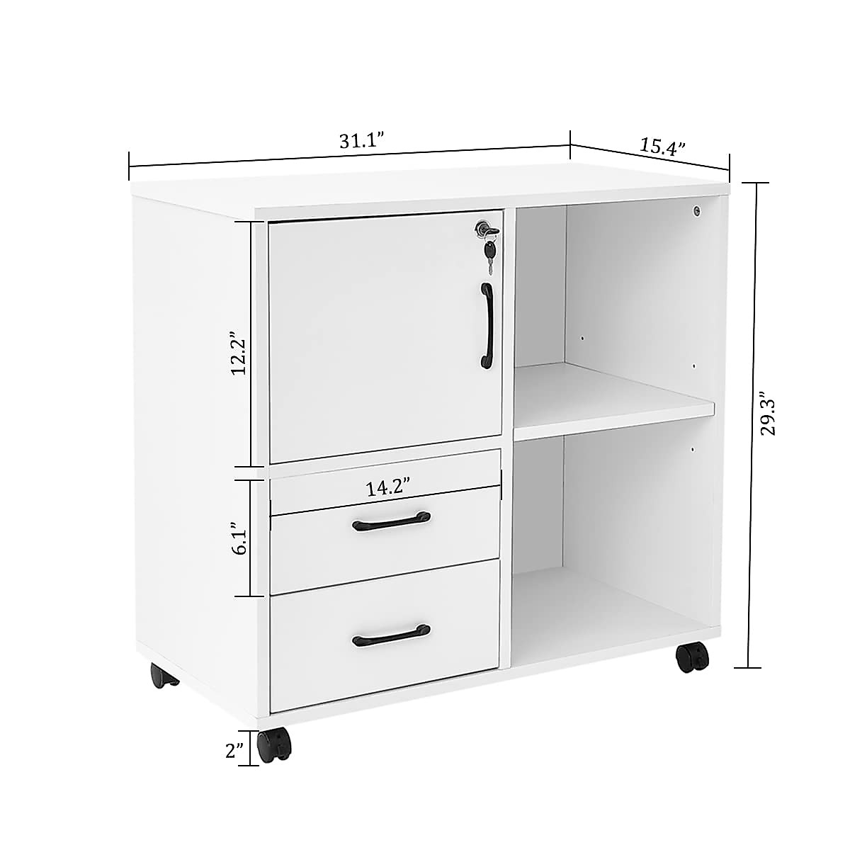 Office Storage Cabinet with 2 Drawers, Modern Rolling Cabinet with 3 Storage Shelves Printer Stand Table with Wheels for Home Office Storage (White)