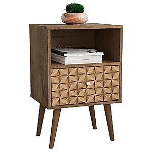 Manhattan Comfort Liberty Mid Century Modern Nightstand with Drawer and Cubby, Bedside Table for Bedroom and Living Room, Night Stand Accent Decor, Easy Assembly, Brown/Brown