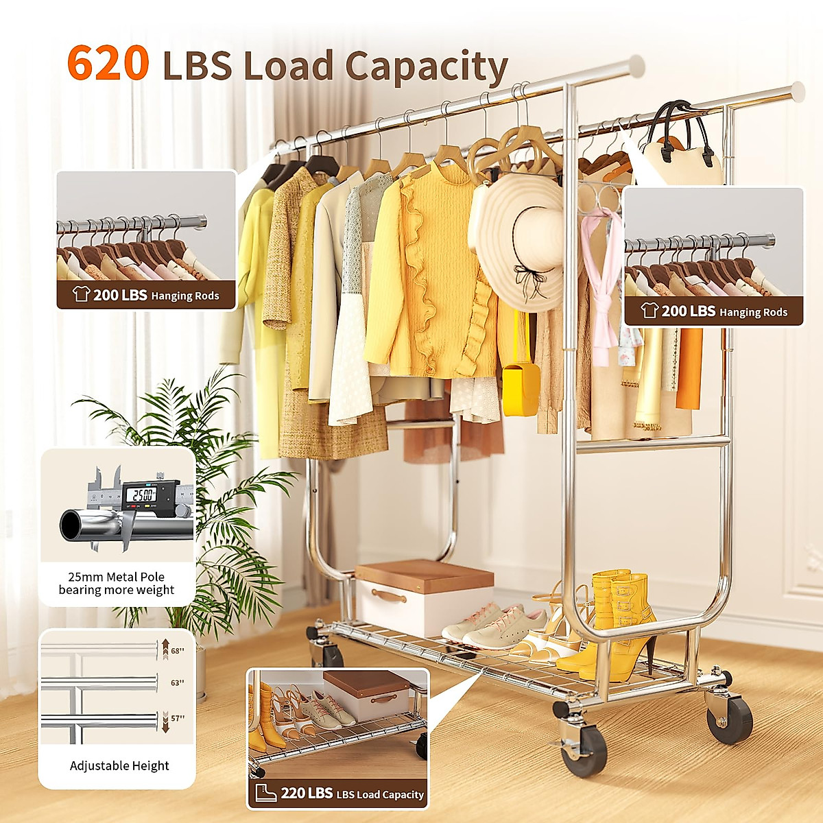 dgedby Clothes Rack Heavy Duty 620LBS For Hanging Clothes, Commercial Garment Rack Heavy Duty,Collapsible ＆ Portable Clothes Rack with Wheels,Rolling Clothing Racks Metal Clothing Rack (CR-H)