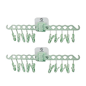 Sscon 2Packs Foldable Laundry Hanger Drying Rack, Self-Adhesive Plastic Clothespin Rack with 20 Clips(Light Green)