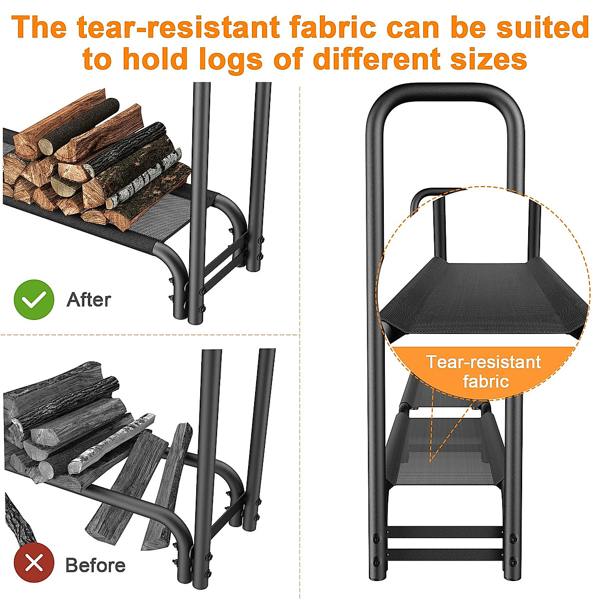 Mr IRONSTONE 8ft Firewood Rack outdoor with Mesh Base, For Store Logs of Various Size, Fireplace Wood Storage indoor for Courtyard, Patio (Capacity 650 lbs)