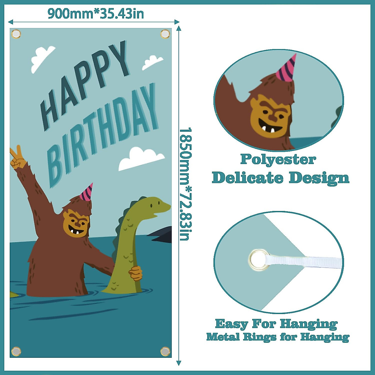 Bigfoot Loch Ness Monster Theme Happy Birthday Party, Baby Shower Party, or Monster Theme Party Photo Booth Props Photography Backdrop Banner Decoration 35.43x72.83in-BECKTEN