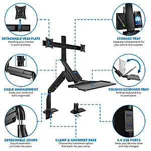 Mount-It! Dual Monitor Sit Stand Workstation with Gas Spring Arm | Height Adjustable Standing Desk Converter | 2 Integrated USB 3.0 Ports | VESA 75 100 | C-Clamp and Grommet Base
