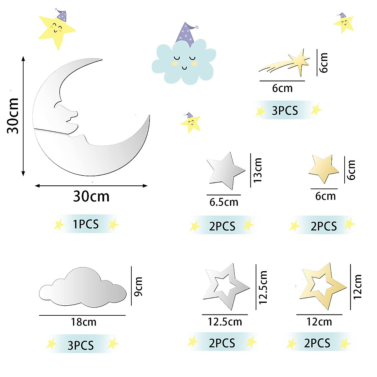 82 Pieces Moon and Stars Mirror Decals Removable 3D Acrylic Mirror Stickers Moon and Stars Wall Stickers Home Decor for Living Room Kids' Room Nursery Decoration