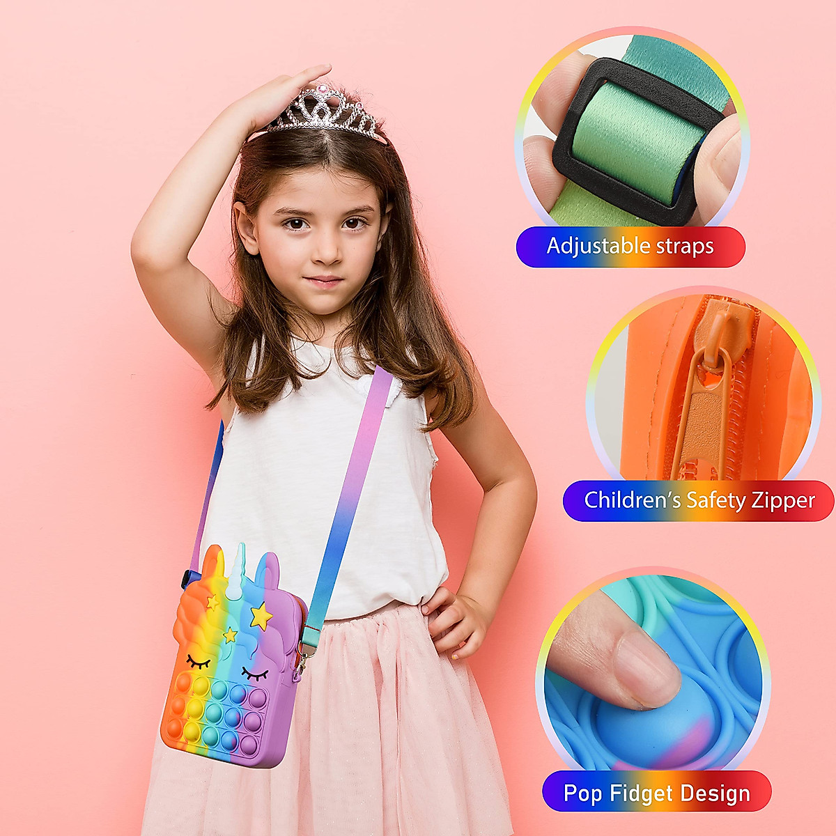 SURFACEPOP Large Unicorn Rainbow Pop it Purse | Back to School Pop it Purse for Girls | Jumbo Pop it Sensory Bag for Girls | Big Pop it Unicorn Girls Purse | Silicone Poppet with an Adjustable Strap