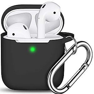 R-fun AirPods Case Cover, Soft Silicone Protective Cover with Keychain for Women Men Compatible with Apple AirPods 2nd 1st Generation Charging Case, Front LED Visible-Black