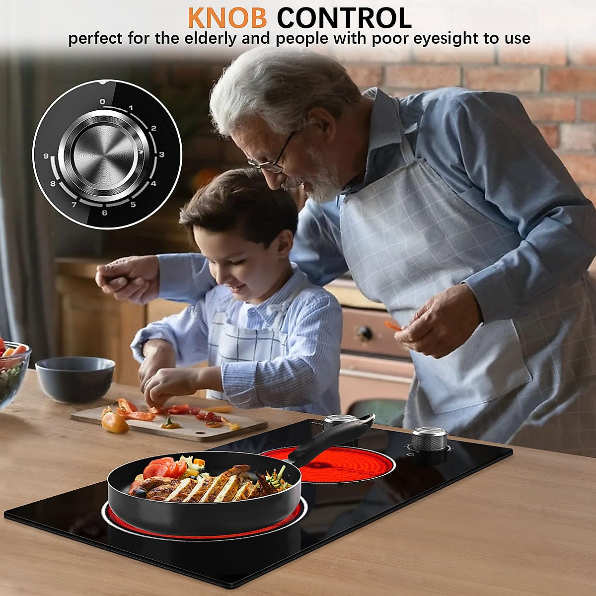 Noxton 110v Electric Cooktop 2 Burners, Plug in Electric Stove 12 Inch, Built-in or Above the Counter Use, 9 Power Level, Knob Control Ceramic Stovetop, Great for the Elderly