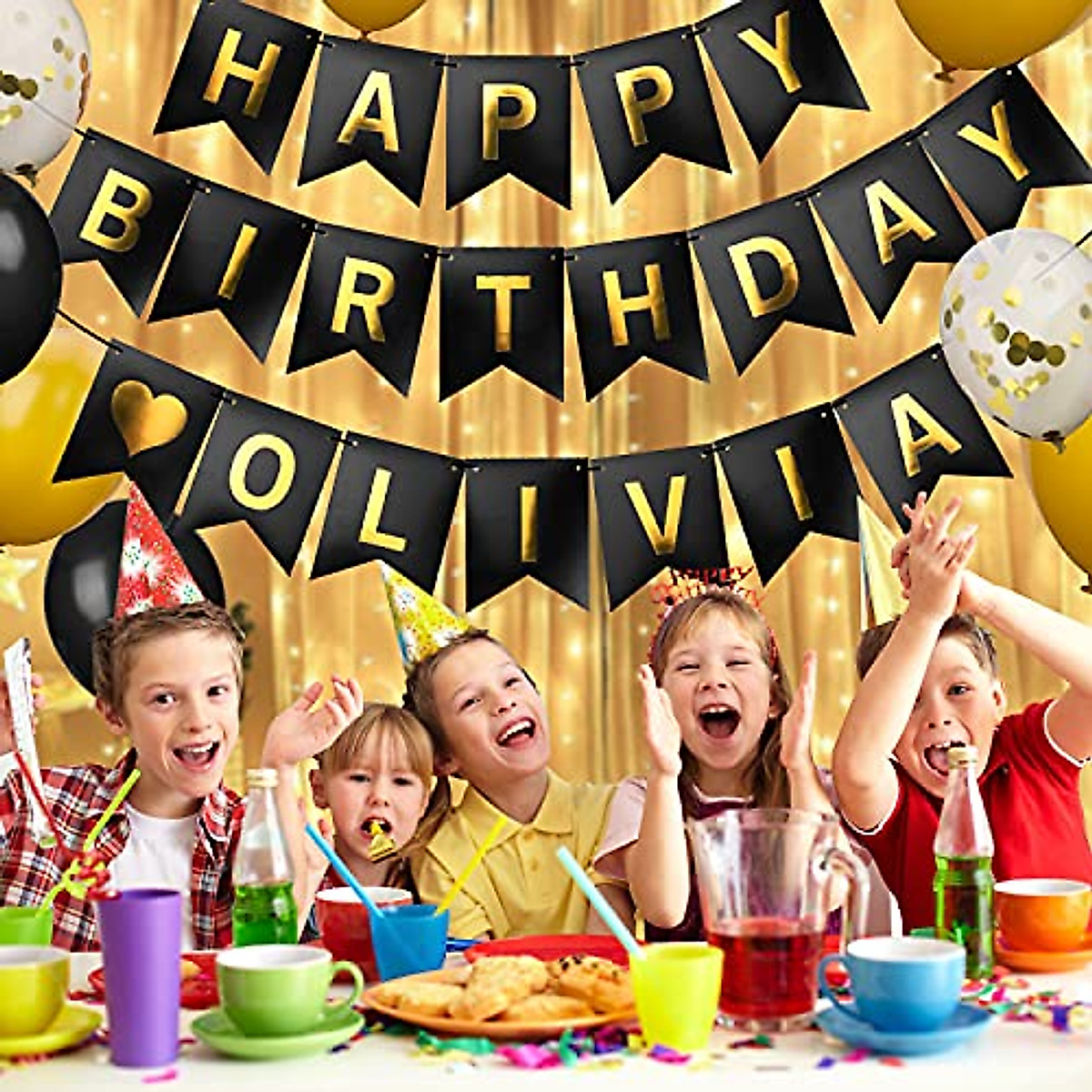 Happy Birthday Banner, Personalized Name Happy Birthday Decorations Black and Gold with 2 Sets A-Z Letters Multi Occasion Bunting Sign Confetti Balloons for Men Women Boys Girls Kids