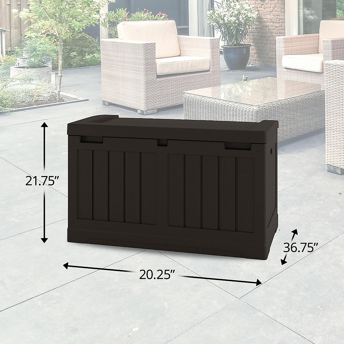 Suncast 50 Gallon Medium Capacity All Weather Construction Resin Outdoor Storage Deck Box with Bench Seat and Lid for Patio, Garden, or Pool, Java